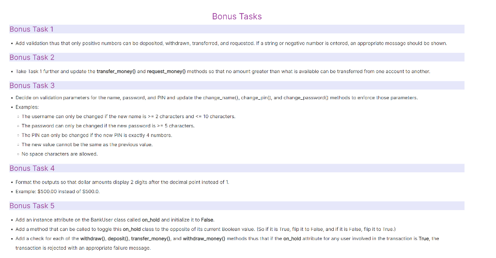 Solved Bonus Tasks Bonus Task 1 • Add validation thus that | Chegg.com