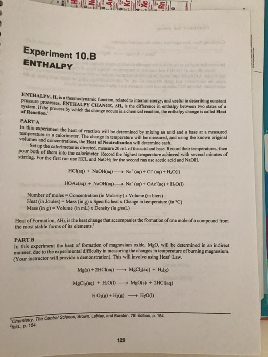 Experiment 10.B ENTHALPY ENTHALPY, pressure system. | Chegg.com