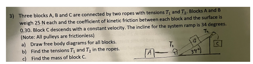 Solved 3) Three blocks A, B and C are connected by two ropes | Chegg.com