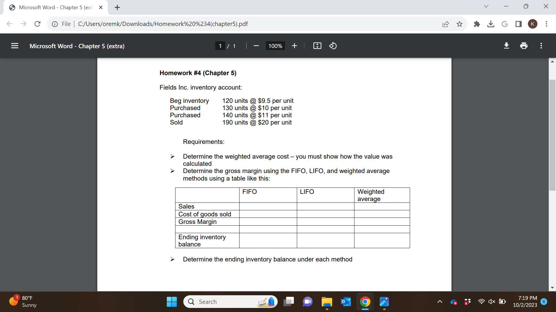 Solved Homework \#4 (Chapter 5) Fields Inc. inventory | Chegg.com
