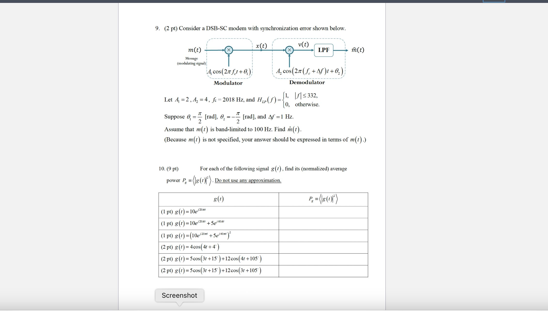 Solved 9. (2 pt) Consider a DSB-SC modem with | Chegg.com