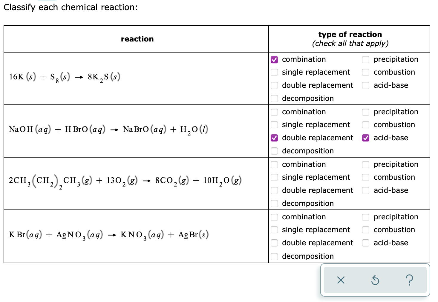 Solved Classify Each Chemical Reaction Reaction Type Of