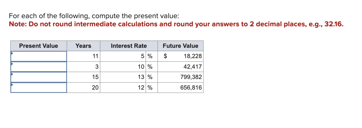 Solved For each of the following, compute the present value: | Chegg.com