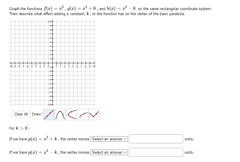 Solved Graph the functions f(x)=x2,g(x)=x2+6, and h(x)=x2−6 | Chegg.com