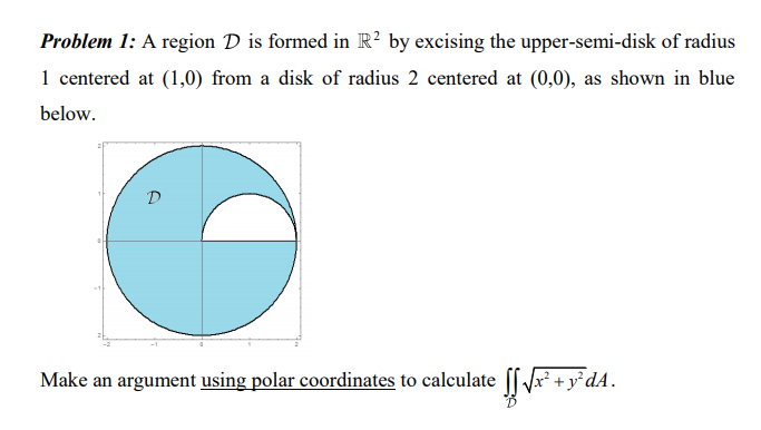 Solved Problem : A region D is formed in R2 by excising the | Chegg.com