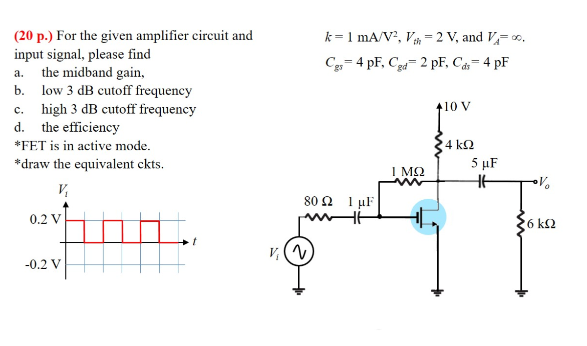 Solved k= 1 mA/V2, Vth = 2 V, and VÆ= 00. Cgs = 4 pF, Cgd= 2 | Chegg.com
