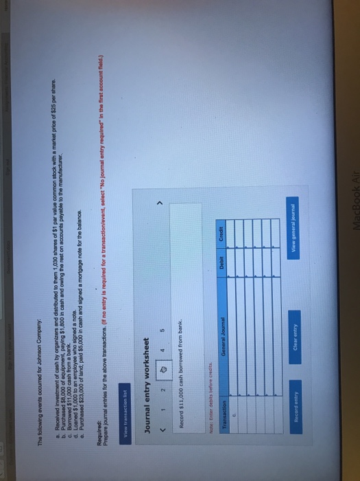 Solved $11,000 cash from a bank Journal entry worksheet | Chegg.com