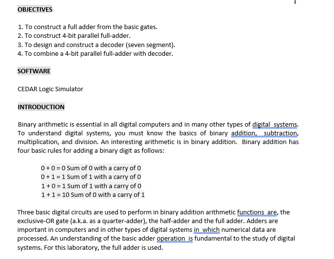Solved OBJECTIVES 1. To construct a full adder from the | Chegg.com