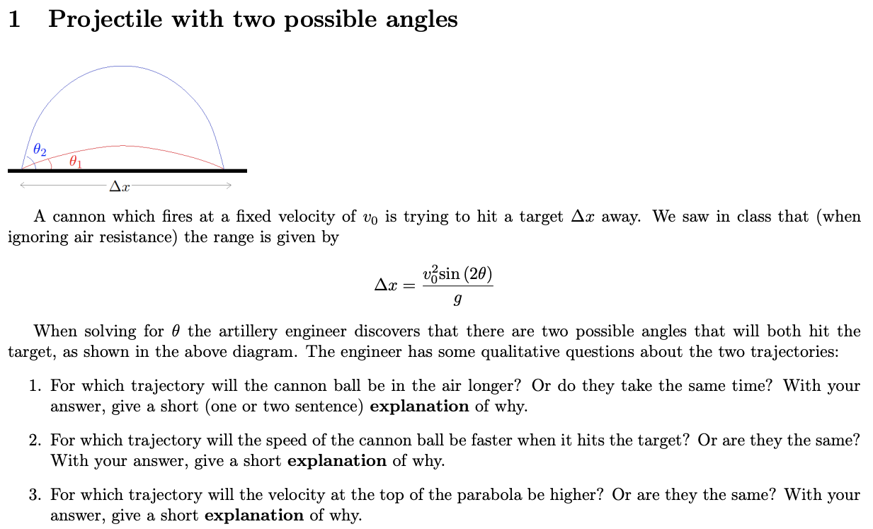 Solved 1 Projectile with two possible angles 02 0 A.C A | Chegg.com
