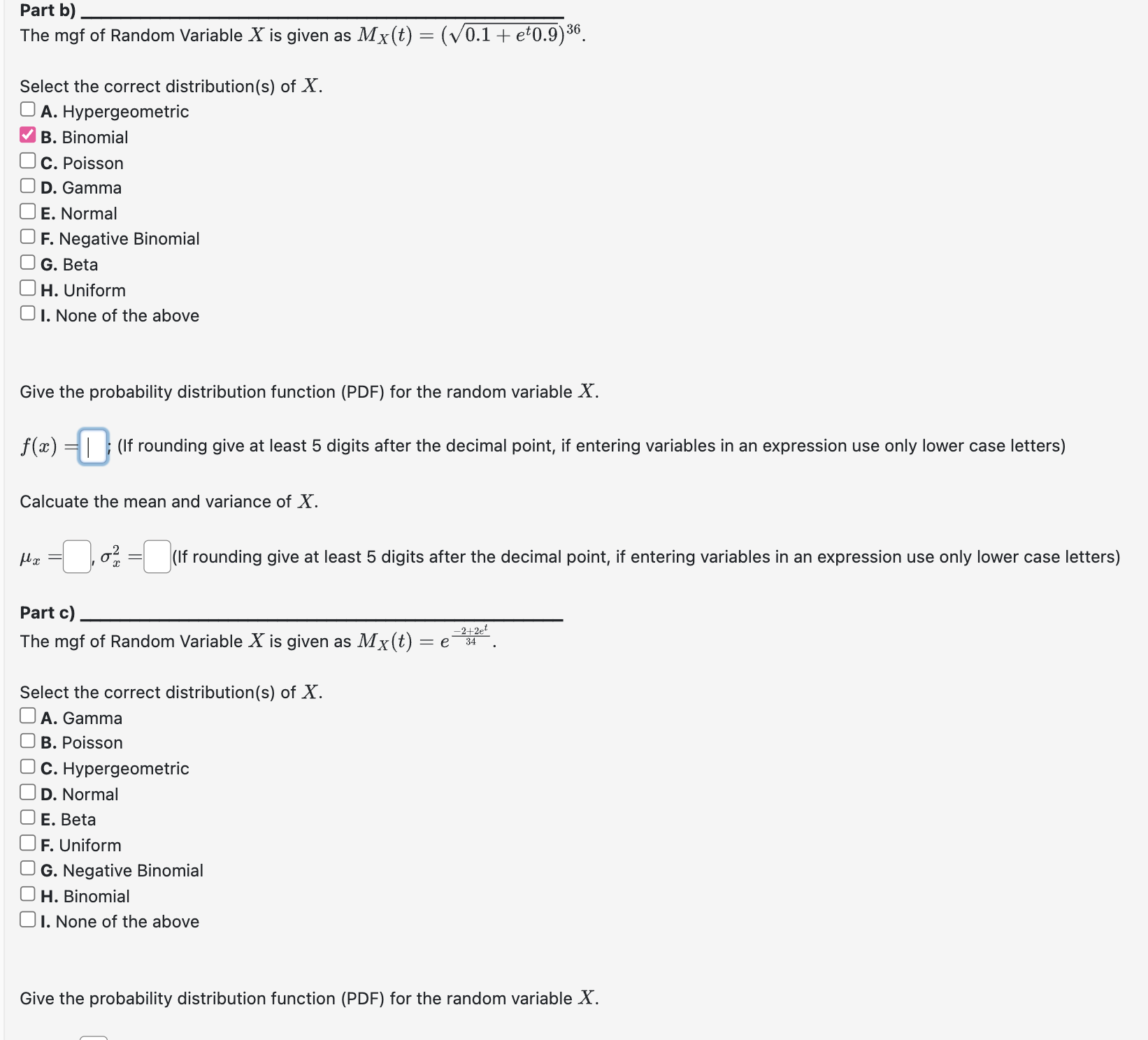 Solved Part b)The mgf of Random Variable x ﻿is given as | Chegg.com