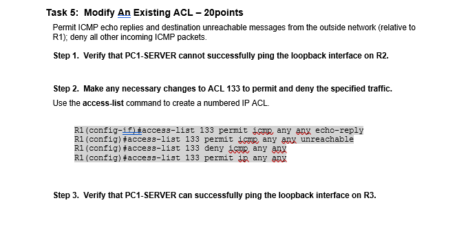 Solved Topology:Task 5: Modify An Existing ACL - 20points | Chegg.com