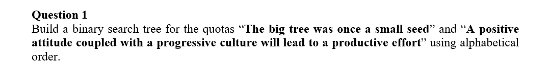 Solved Question 1 Build a binary search tree for the quotas | Chegg.com