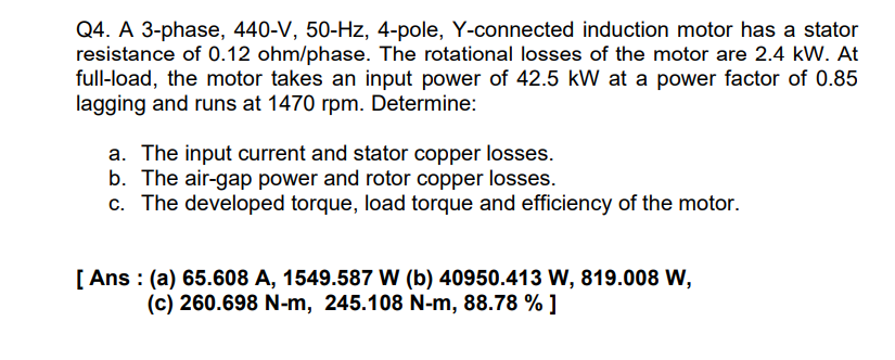 Solved Q4. A 3-phase, 440-V, 50-Hz, 4-pole, Y-connected | Chegg.com