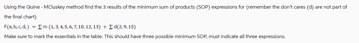 Solved Using the Quine - ﻿MCluskey method find the 3 | Chegg.com