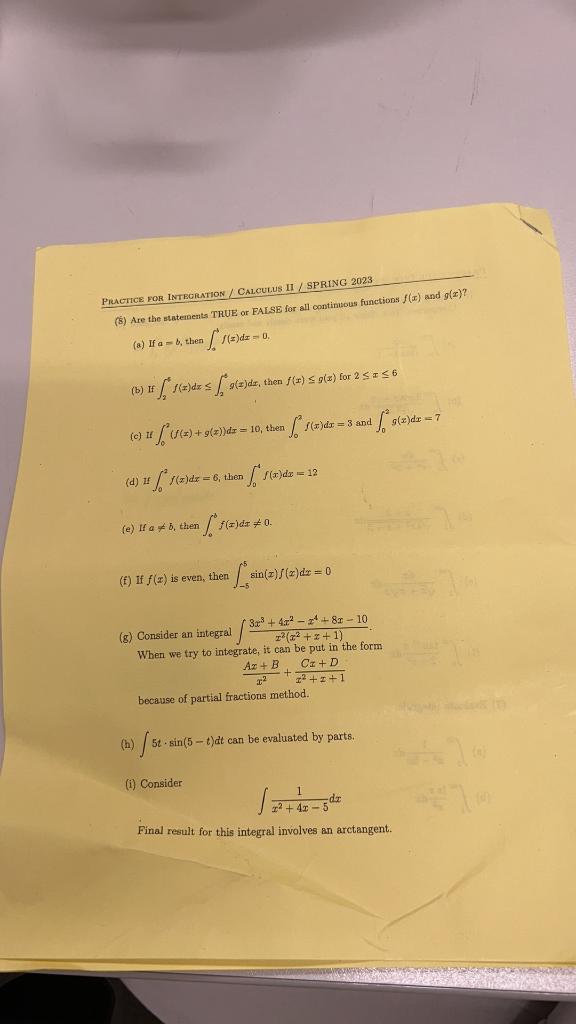 Solved PRactice FOR INTEORATION/CALCUlus II / SPRING 2023 | Chegg.com