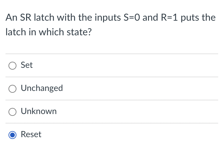 Solved An SR latch with the inputs S=0 and R=1 puts the | Chegg.com