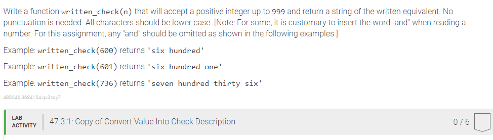 Solved Write a function written_check (n) that will accept a | Chegg.com