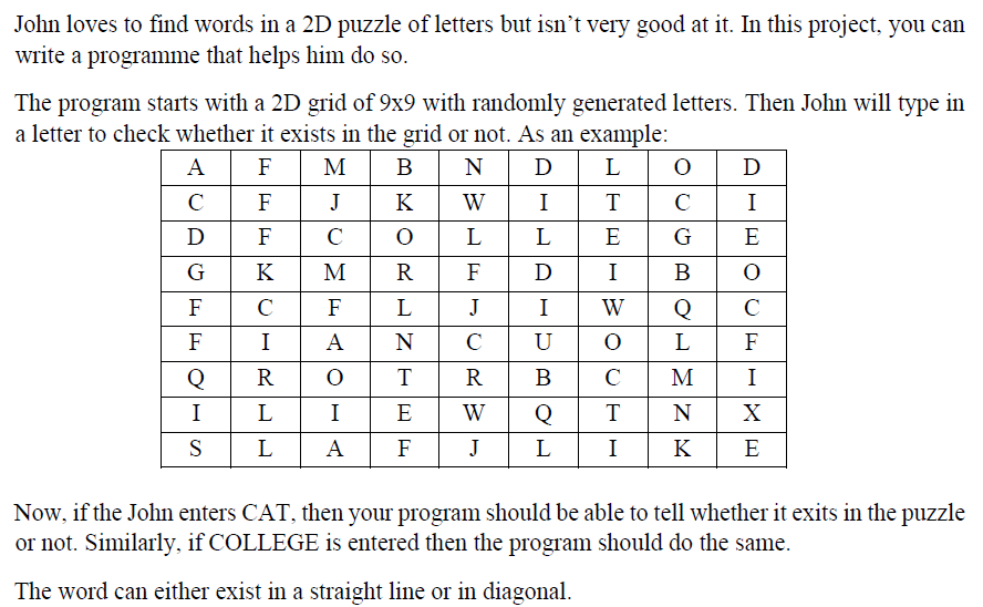 Solved John loves to find words in a 2D puzzle of letters | Chegg.com