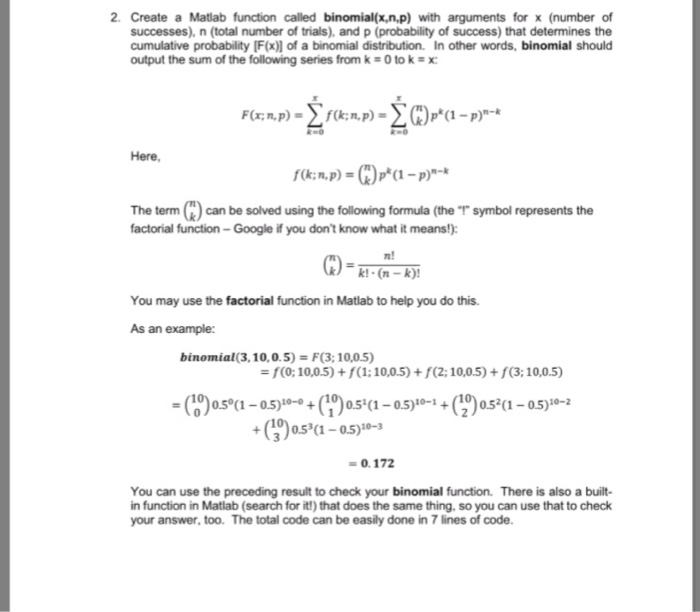 Solved 2. Create a Matlab function called binomial(x,n,p) | Chegg.com