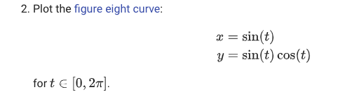 Solved 2. Plot the figure eight curve: x = sin(t) y=sin(t) | Chegg.com