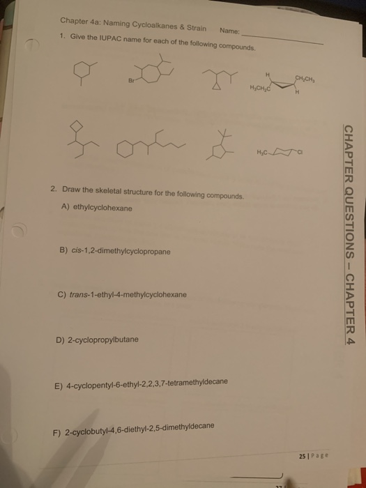 Solved Chapter 4a: Naming Cycloalkanes & Strain Name: 1. | Chegg.com