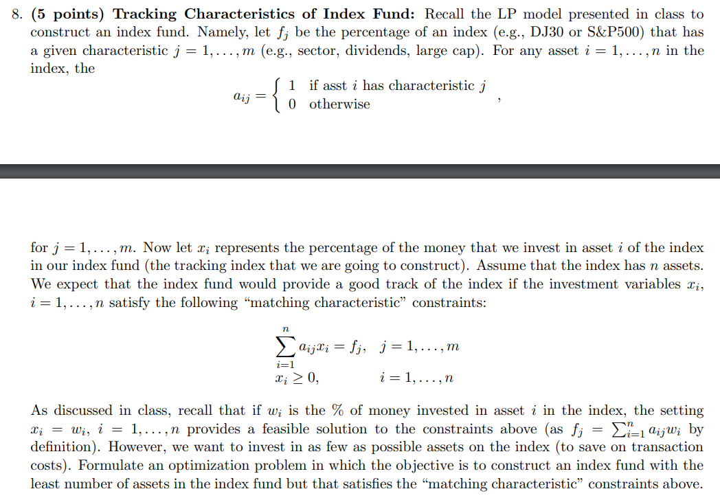 (5 points) Tracking Characteristics of Index Fund: | Chegg.com