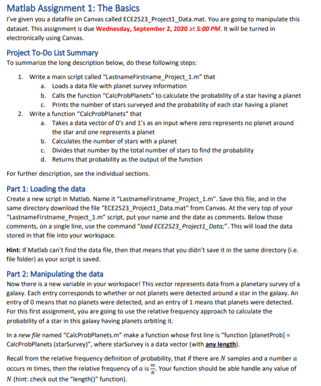 Matlab Assignment 1: The Basics I've given you a | Chegg.com