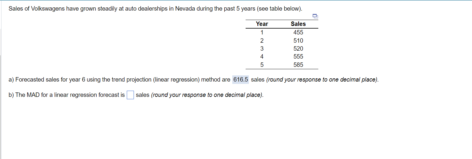Solved a) Forecasted sales for year 6 using the trend | Chegg.com