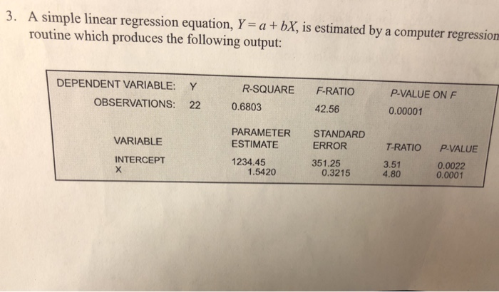 Solved 3. A simple linear regression equation, Y- a+ bX, is | Chegg.com
