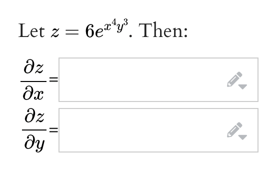 Solved Let z=6ex4y3 ∂x∂z=∂y∂zFind the partial derivatives | Chegg.com