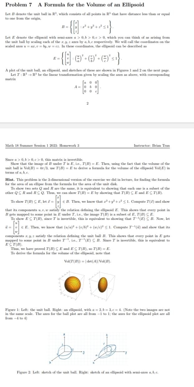 Solved Problem 7 A Formula for the Volume of an Ellipsoid | Chegg.com
