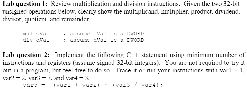 Lab question 1: Review multiplication and division | Chegg.com