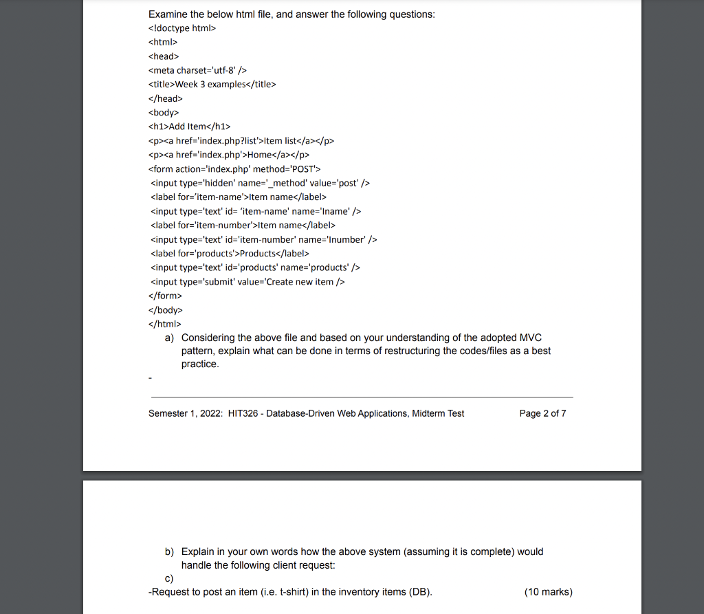Solved Examine the below html file, and answer the following | Chegg.com