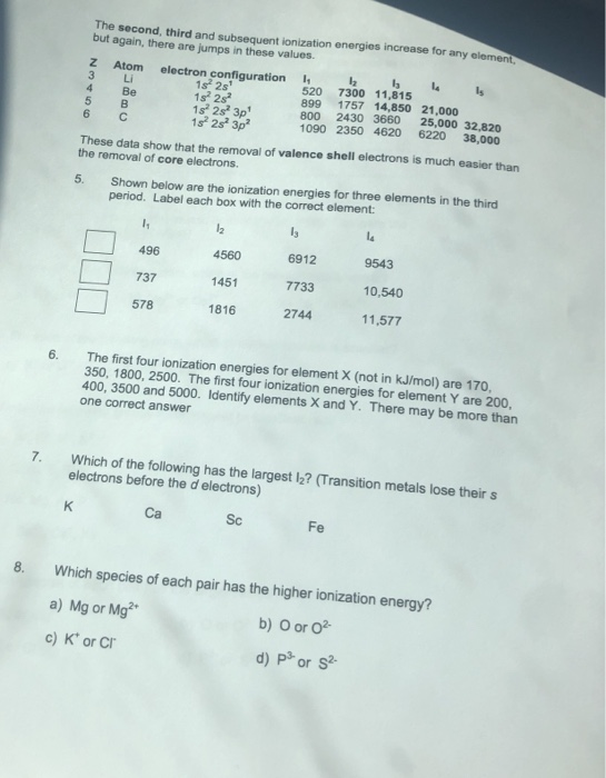 Solved The second third and subsequent ionization energies | Chegg.com