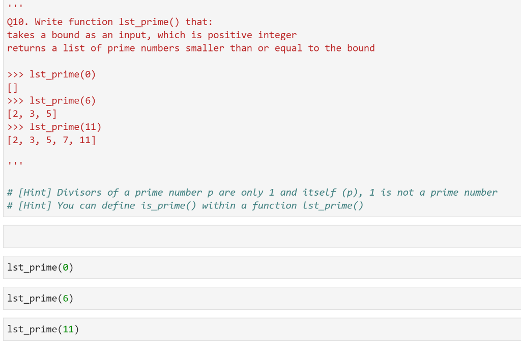 Solved III Q10. Write function lst_prime() that: takes a | Chegg.com