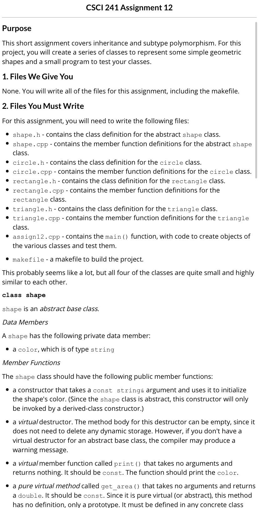 Solved CSCI 241 Assignment 12 Purpose This short assignment | Chegg.com