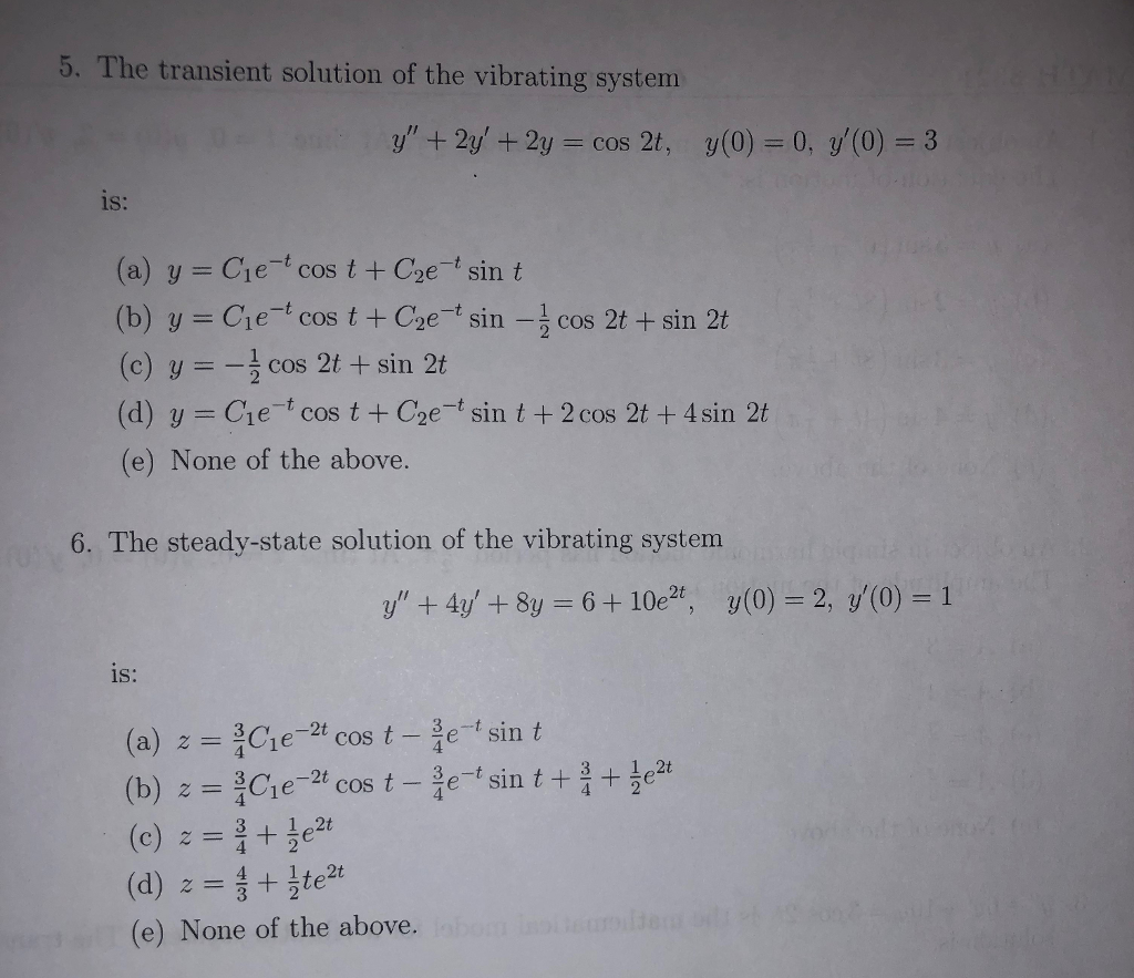 Solved 5. The transient solution of the vibrating system y" | Chegg.com