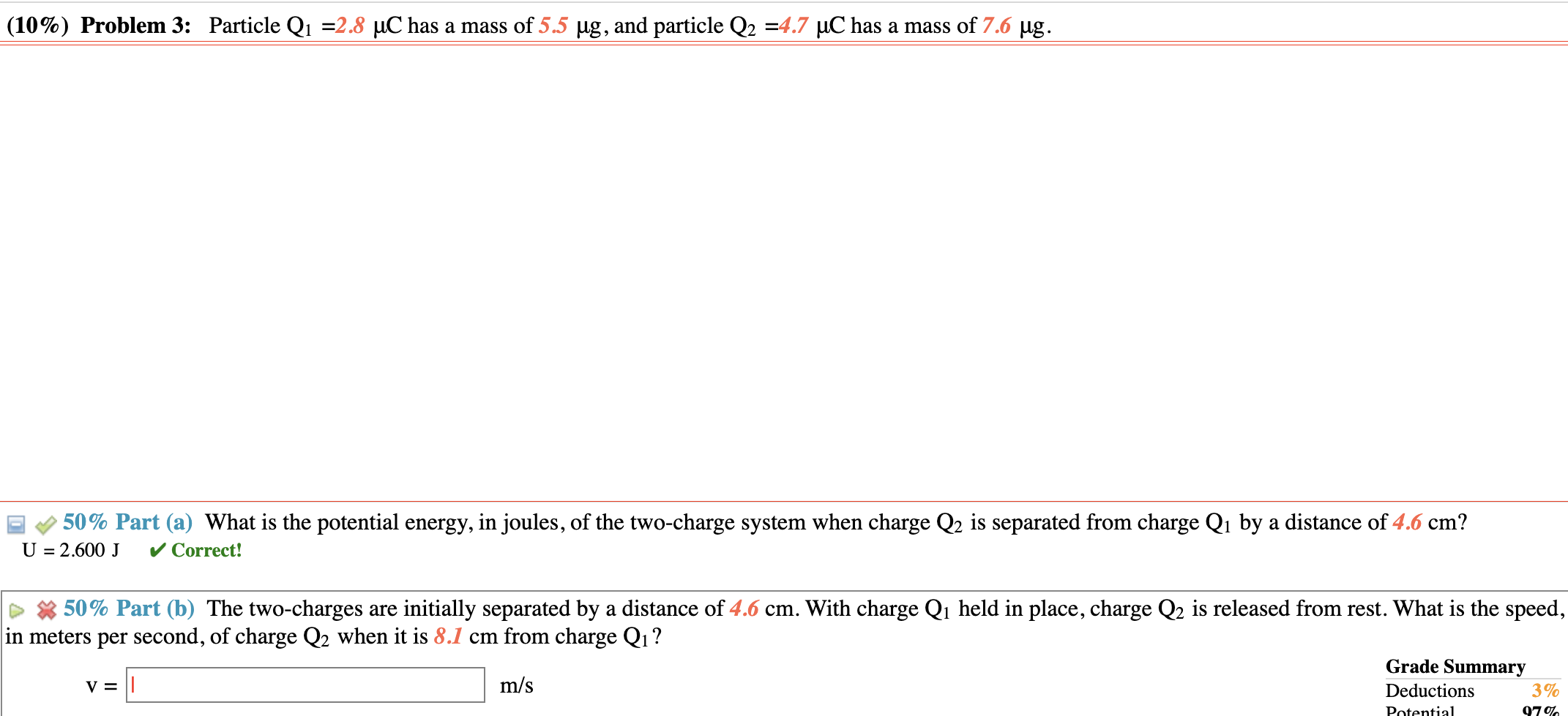 Solved (10\%) Problem 3: Particle Q1=2.8μC has a mass of | Chegg.com