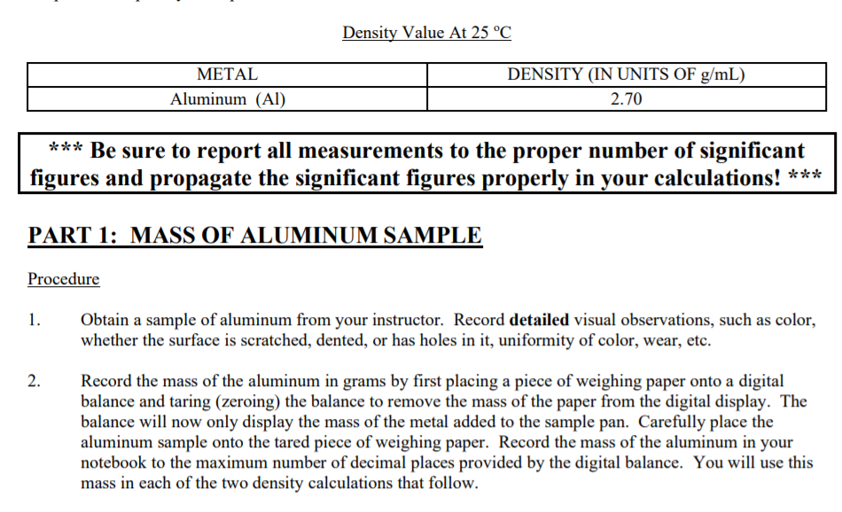 Solved Density Value At 25 °C METAL Aluminum (Al) DENSITY | Chegg.com