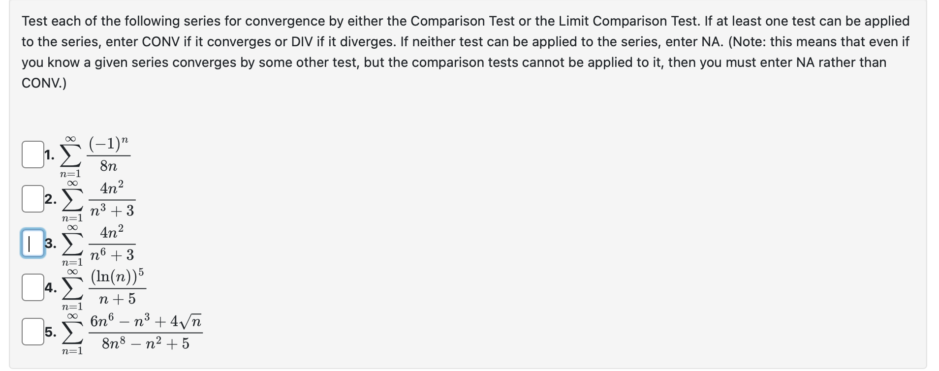 Solved Test each of the following series for convergence by | Chegg.com