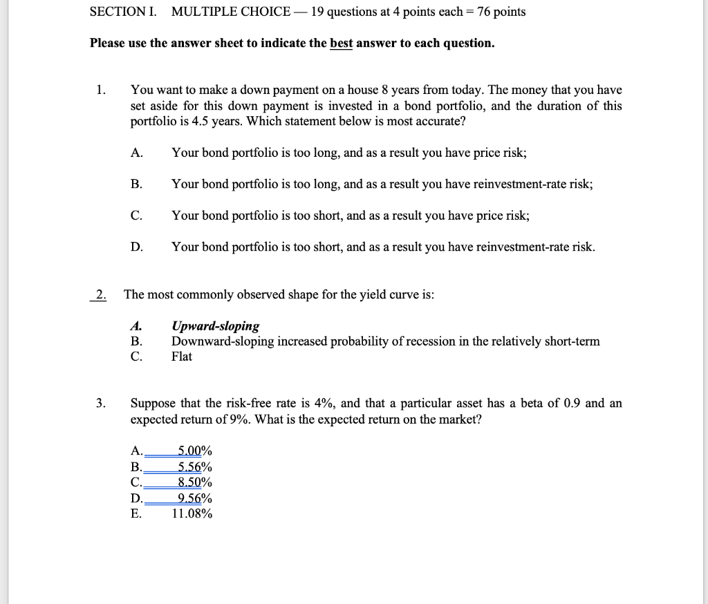 Solved SECTION I. MULTIPLE CHOICE — 19 questions at 4 points | Chegg.com