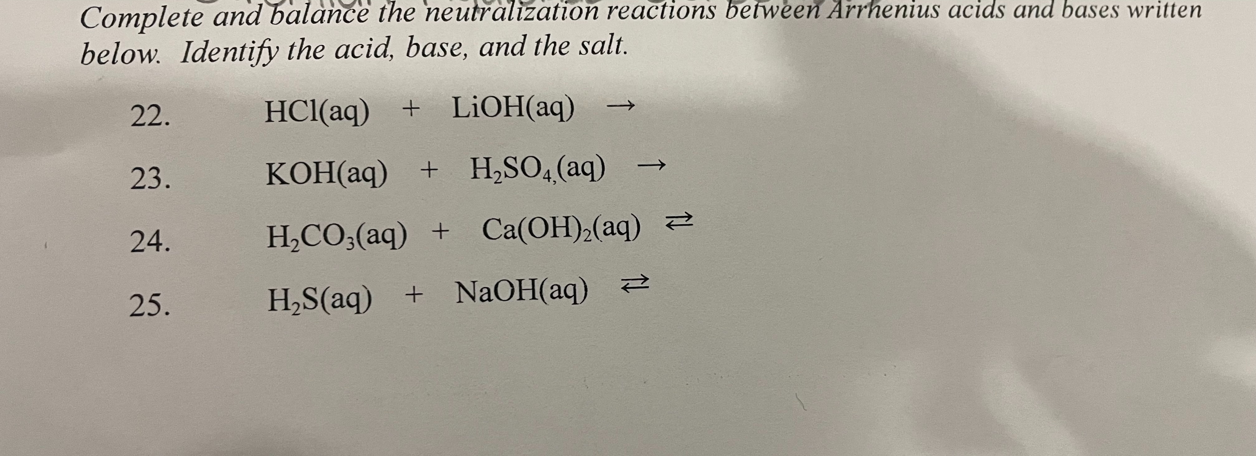 Complete and balance the neutralization reactions | Chegg.com