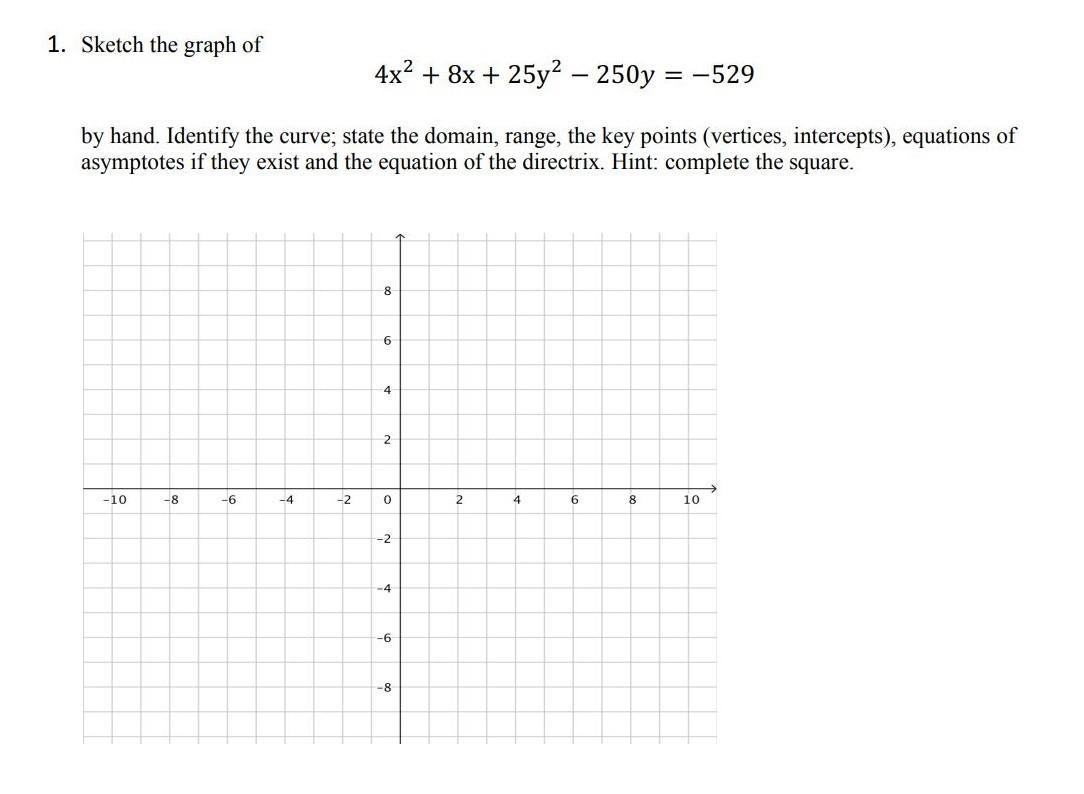 Solved 1. Sketch the graph of 4x2 + 8x + 25y2 – 250y = -529 | Chegg.com