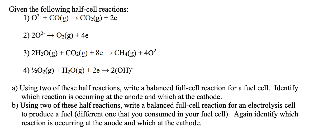Solved Given the following half-cell reactions: 1) | Chegg.com
