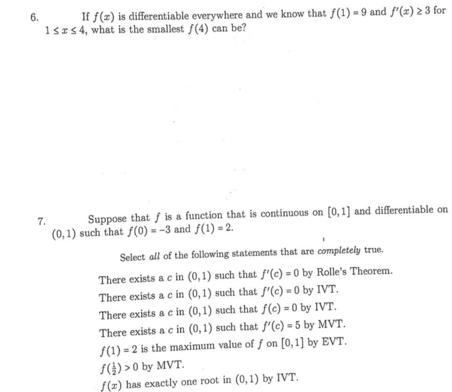 Solved 6. If f(x) is differentiable everywhere and we know | Chegg.com