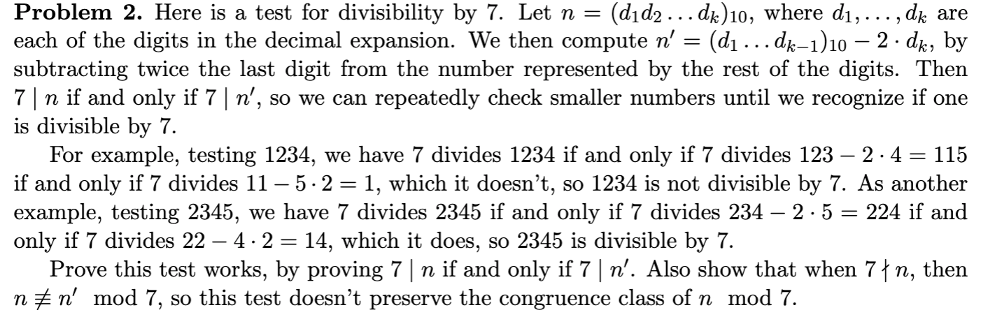 Solved Problem 2. Here is a test for divisibility by 7. Let | Chegg.com