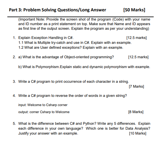 Solved Part 3: Problem Solving Questions/Long Answer (50 | Chegg.com