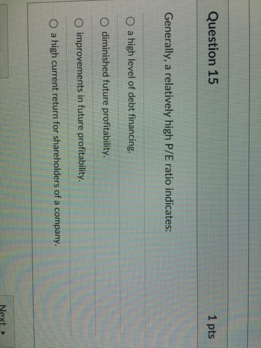 Solved Question 15 1 pts Generally, a relatively high P/E | Chegg.com