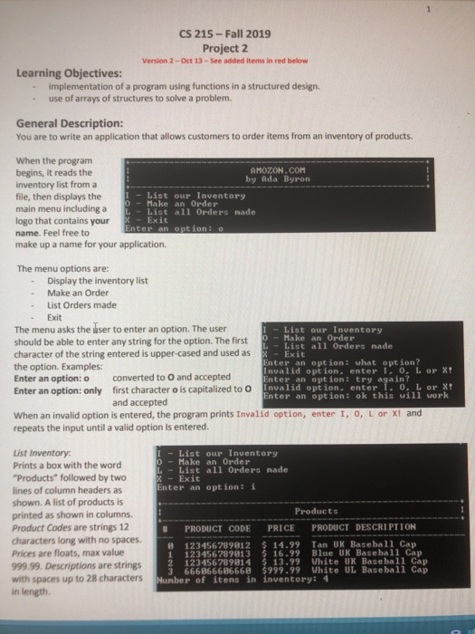 Solved CS 215 - Fall 2019 Project 2 Version 2 - Oct 13 - See | Chegg.com