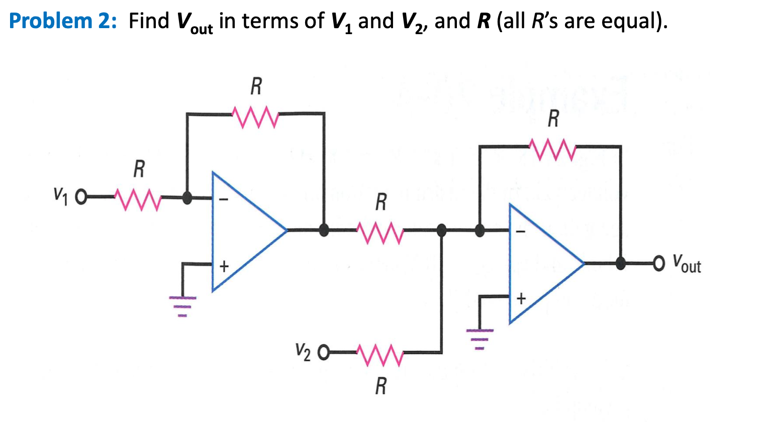 Solved Problem 2: Find Vout in terms of V, and V2, and R | Chegg.com